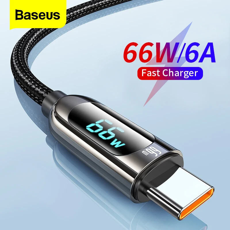 Baseus 66W USB Type C Cable 6A Fast Charging Charger Wire Cord LED Data USBC Phone Cable For ...