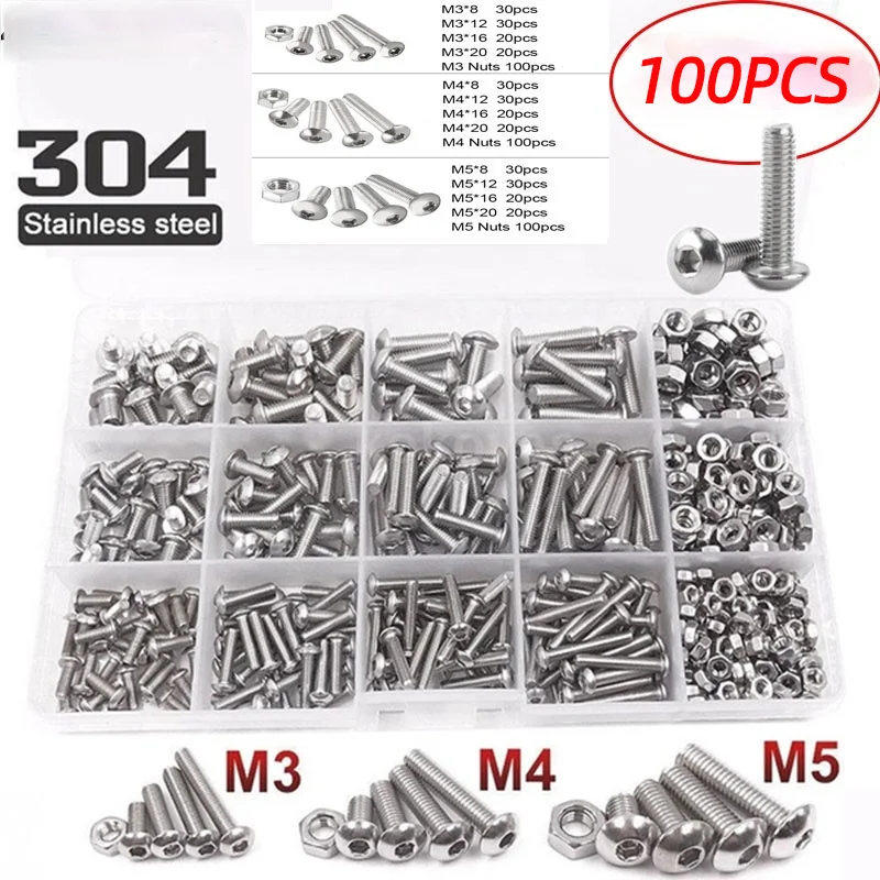 304 Stainless Steel M3/M4/M5 Bolts Mating Nuts Combination Set Hex ...
