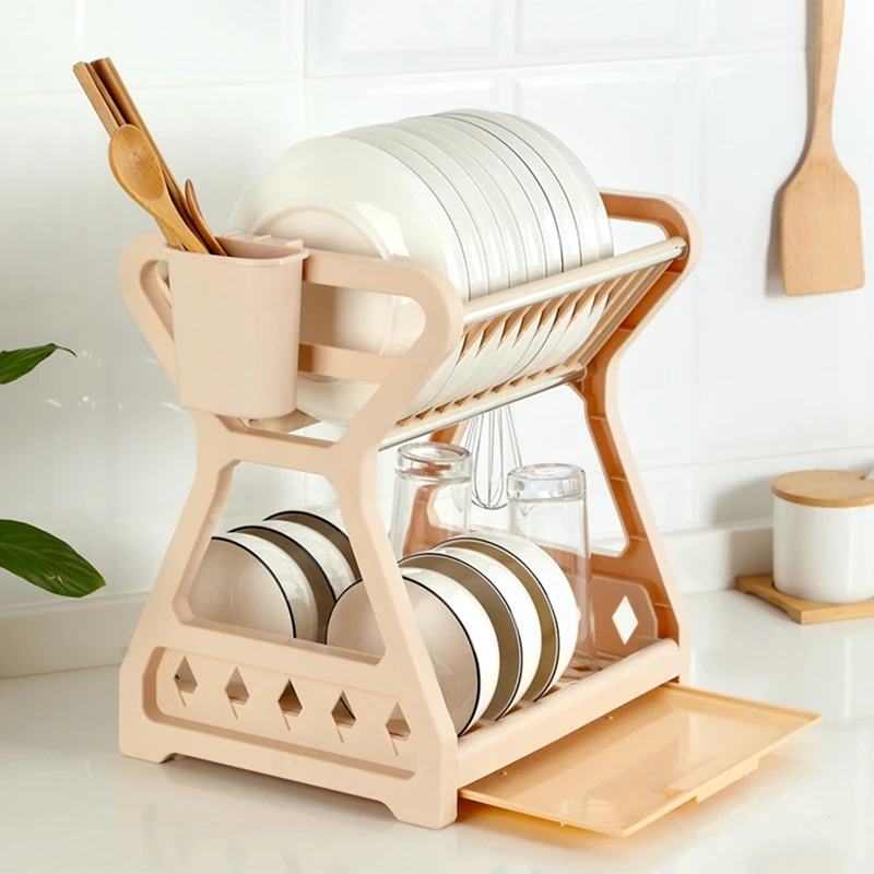 Kitchen Rack Double-layer Pure Color Durable Plastic Dish Bowl Draining ...
