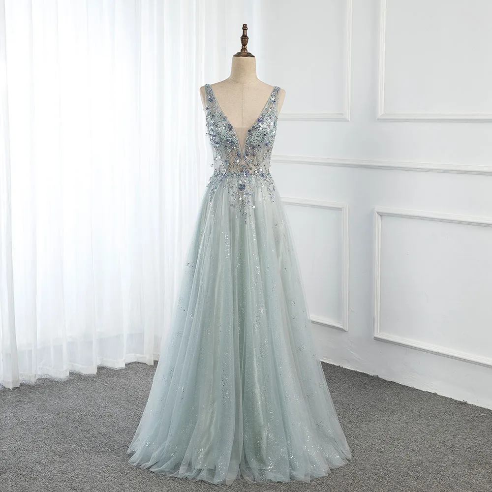 YQLNNE-New-Arrival-Sexy-Mint-Long-Prom-Dresses-V-Neck-Tulle-Sequined ...