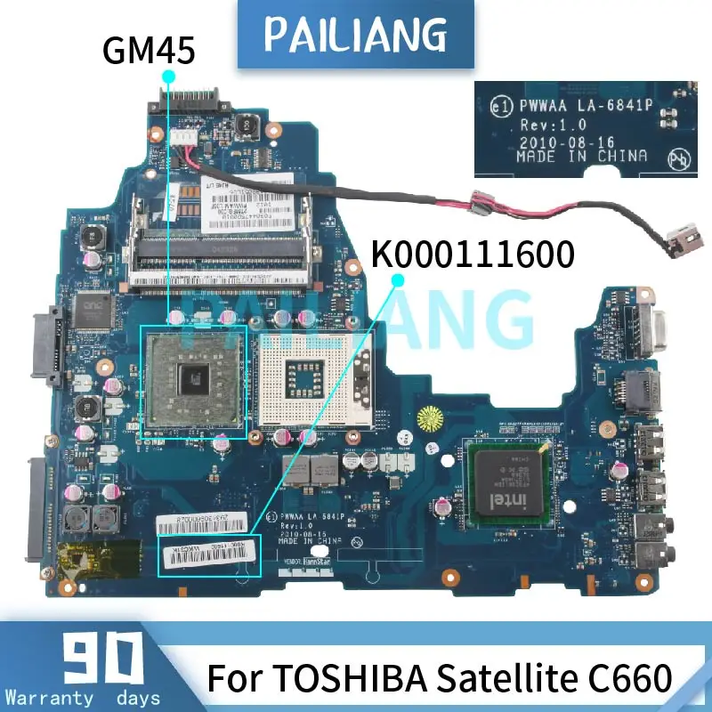 For-TOSHIBA-Satellite-C660-GM45-Mainboard-LA-6841P-K000111600-DDR3 ...
