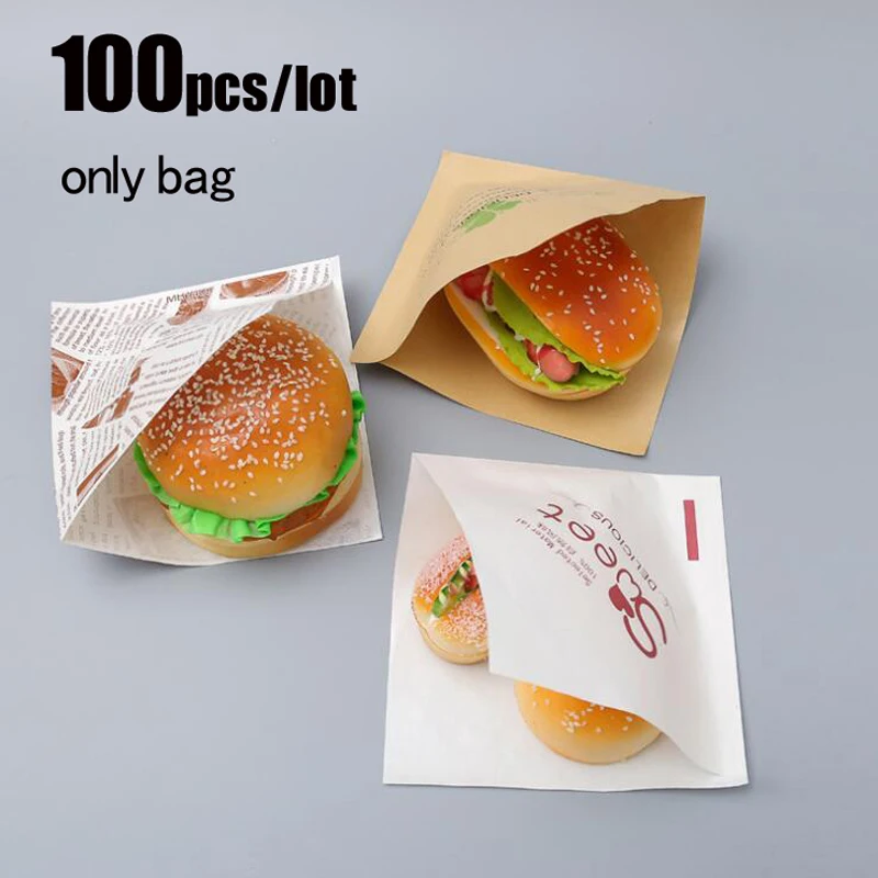 100 개패키지 크래프트 종이 샌드위치 포장지 라이너 기름방지 햄버거 포장지 샌드위치 베이커리 음식 선물 가방선물가방and포장