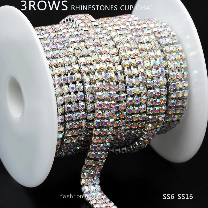 3 ряда ss6 ss8 ss12 ss16 Свадебные Стразы Серебряная цепочка с закрытыми чашками кристальная ...