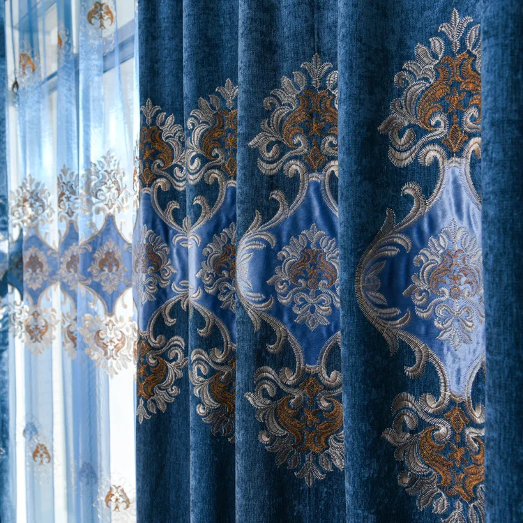 Blue Chenille Embroidery Veil Curtains For Living Dining Room Bedroom ...