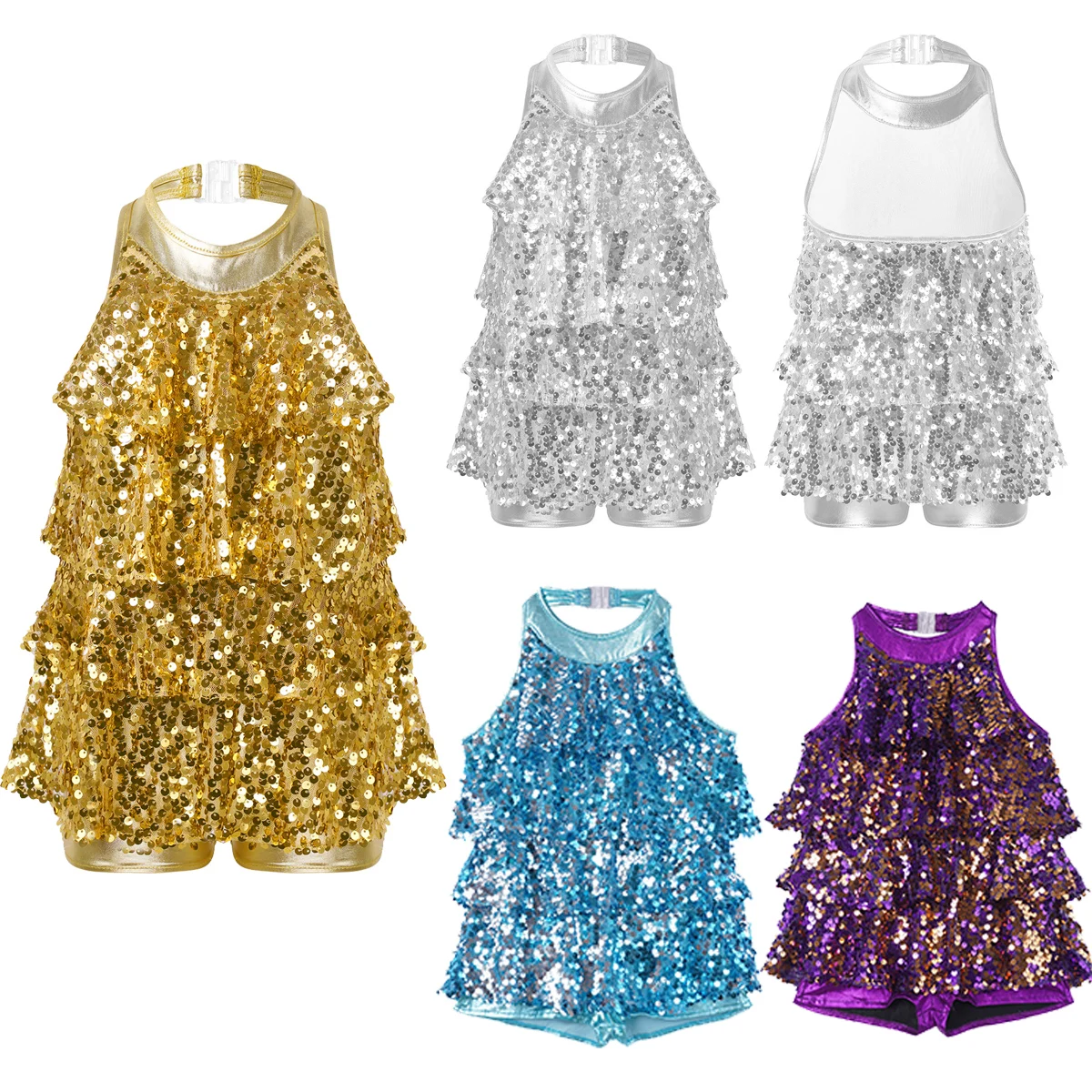 Kids Girls Modern Jazz Latin Dance Costumes Halter Shiny Sequins Ballet ...