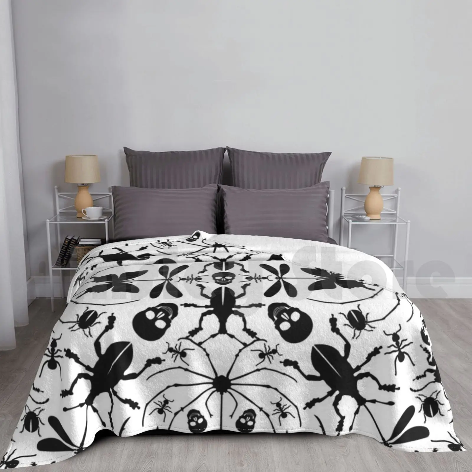 Black Insects And Skulls On White Blanket For Sofa Bed Travel Insects ...