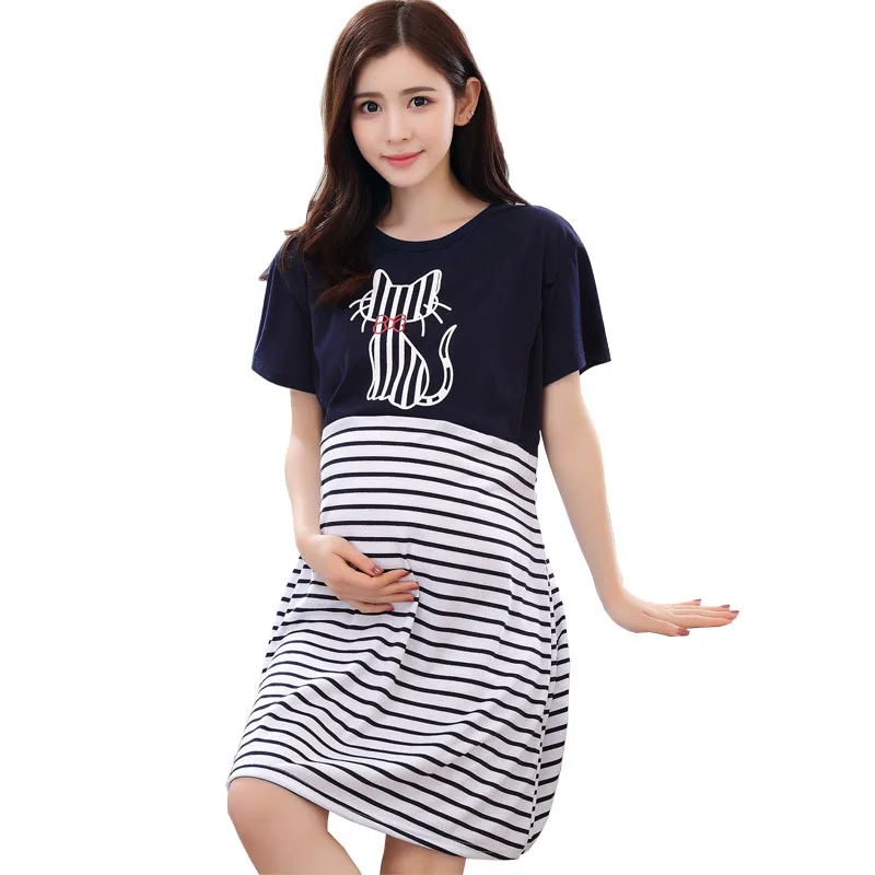 Summer Mother Maternity Striped Cat Cartoon Nursing Pajamas Pregnancy ...