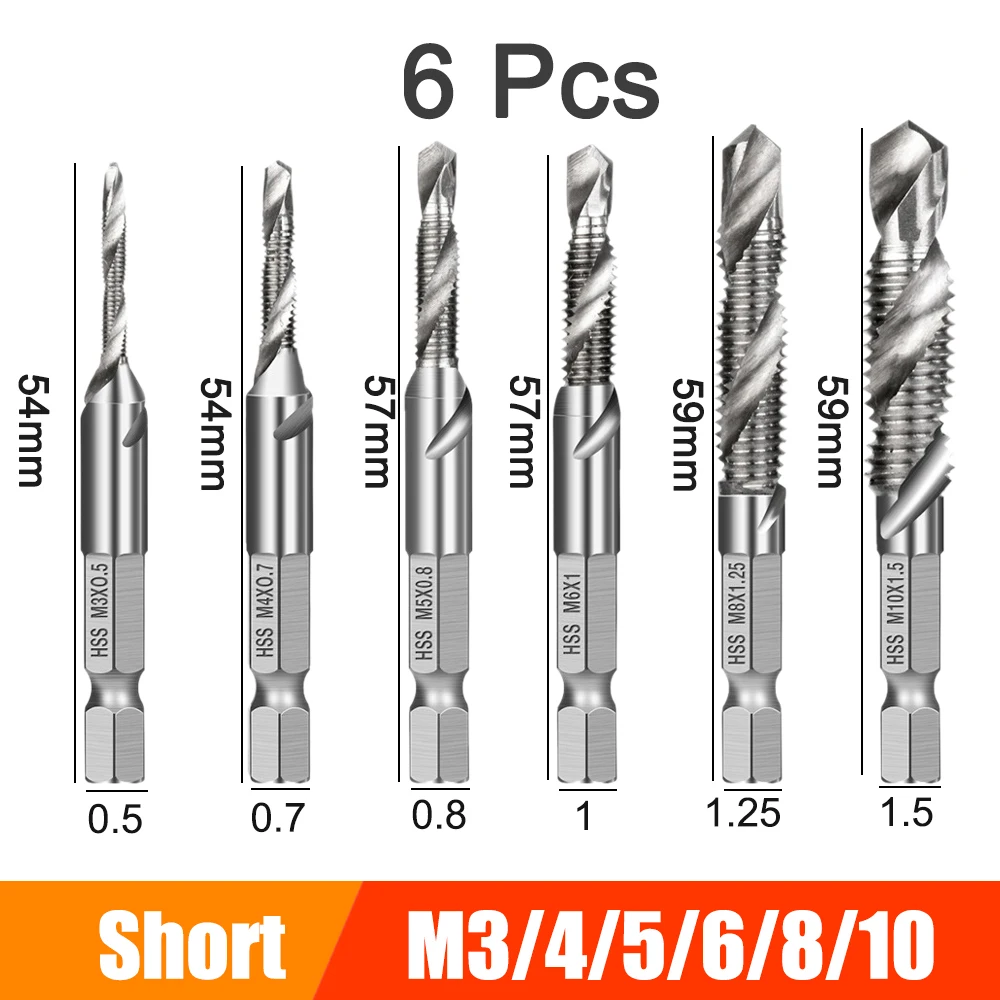 FILIERE - BUSE DE FILAGE - TARAUD,Long Silver 6 PCS--Jeu de mèches à filetage métrique M3 M4 M5 ...