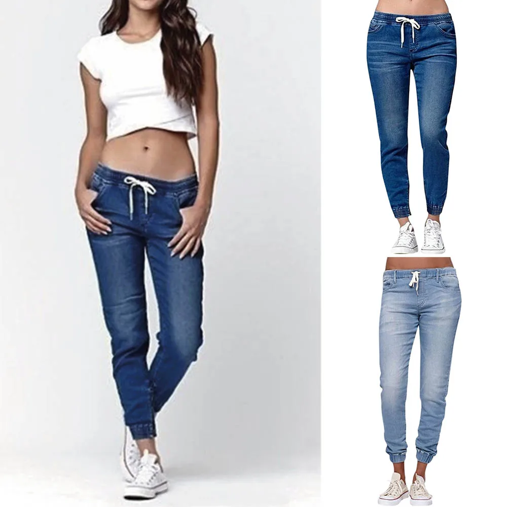 Women Jeans Autumn High Waist Drawstring Lace Up Casual Loose Ankle ...