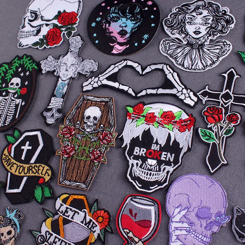 Embroidered-Patch-Gothic-Patches-On-Clothes-Stripes-DIY-Skull-Clothing ...