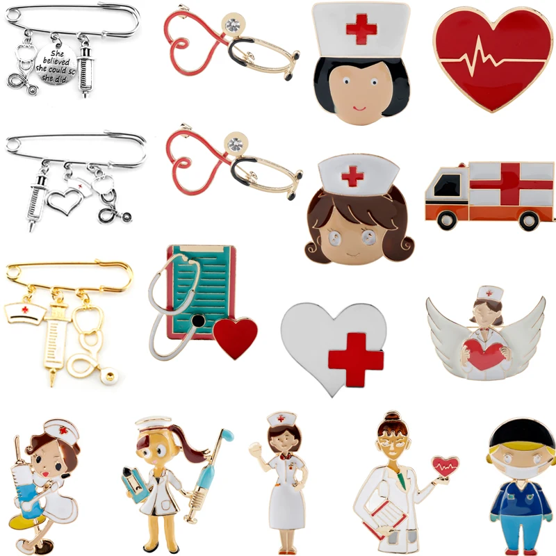 Medical-Brooches-Enamel-Pins-Stethoscope-Syringe-Nurse-Heartbeat-Shape ...