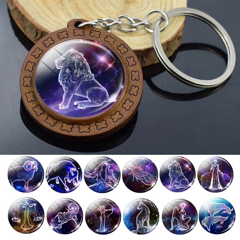 12 Constellation Keychain Wooden Pendant Zodiac Sign Keychain Aries ...