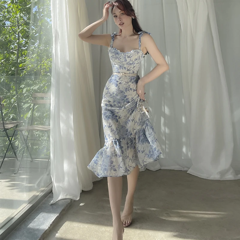2021 New Summer Vintage Blue And White Porcelain Pattern Chiffon Dress ...
