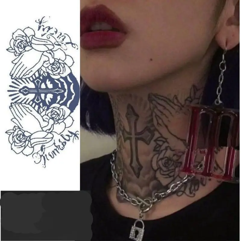 블랙 크로스 나비 여성을위한 임시 문신 스티커 남자 문자 문자 방수 가짜 문신 목 문신 바디 아트임시 문신 Aliexpress