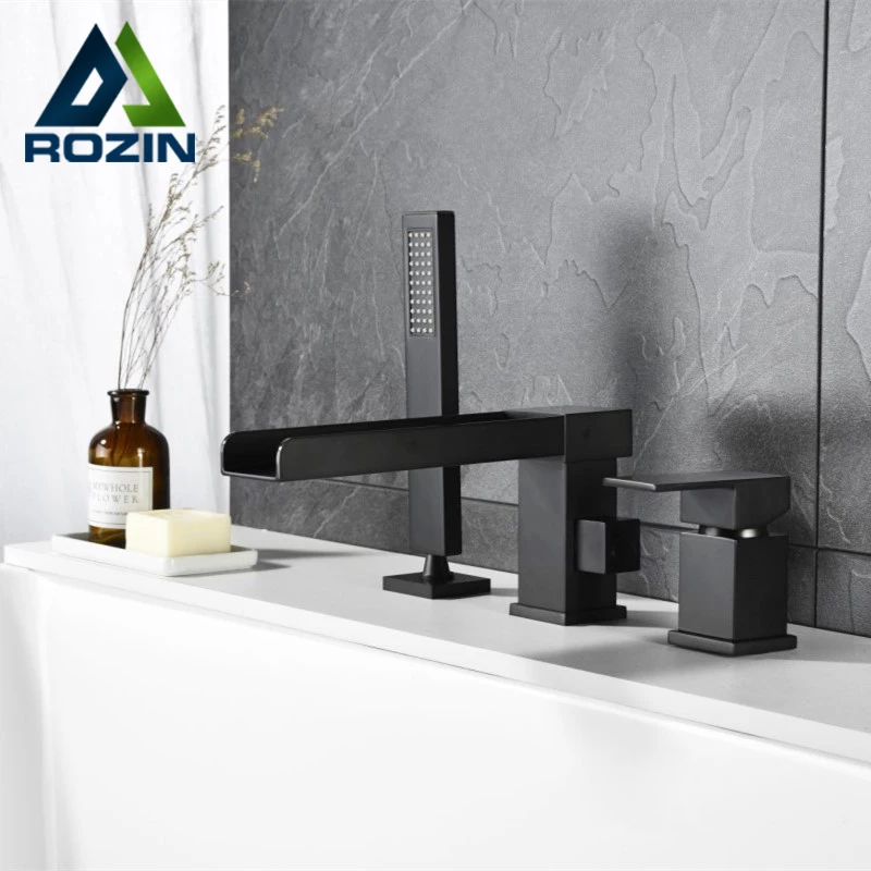 Long Spout Waterfall Bathtub Faucet Deck Mounted 3 Holes Bathroom Tub ...
