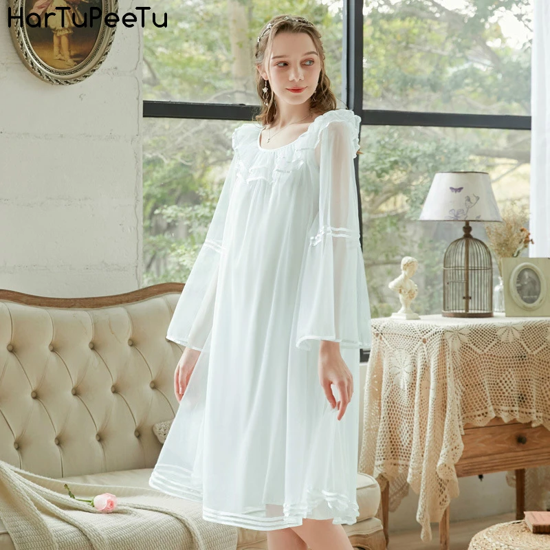 여성 코튼 빅토리아 잠옷 긴 소매 잠옷 여성 Tulle Homewear Sleep Shirt 느슨한 플러스 사이즈 Retro ...
