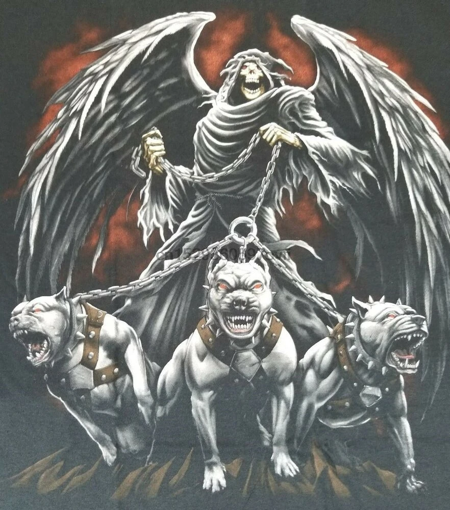 Grim Reaper Skeleton Metal Chains Hell Hounds Mens T-shirt Evil ...