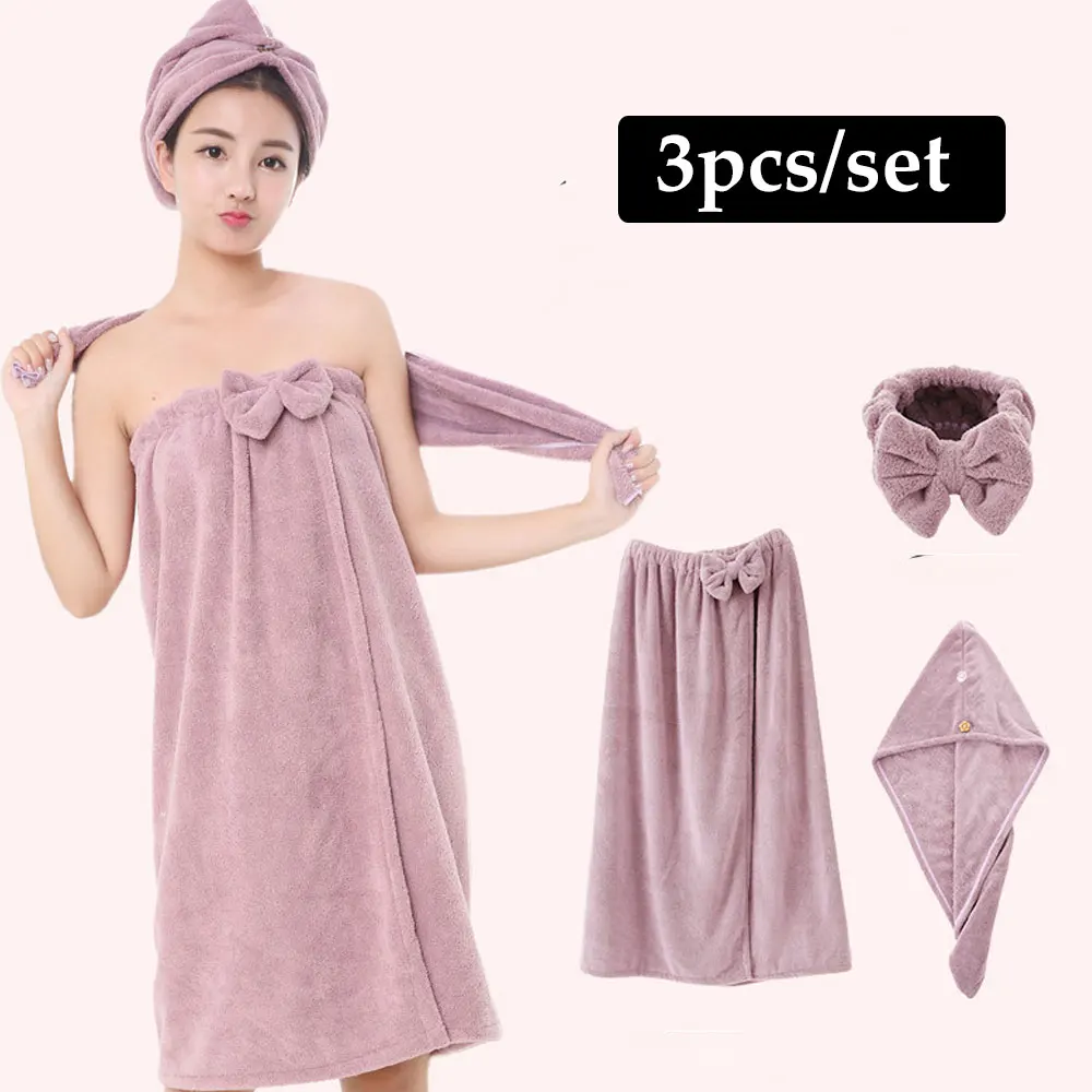 3Pcs Wearable Bow knot Bath Towel and Hair Dryer Cap Set Wrapped Breast ...