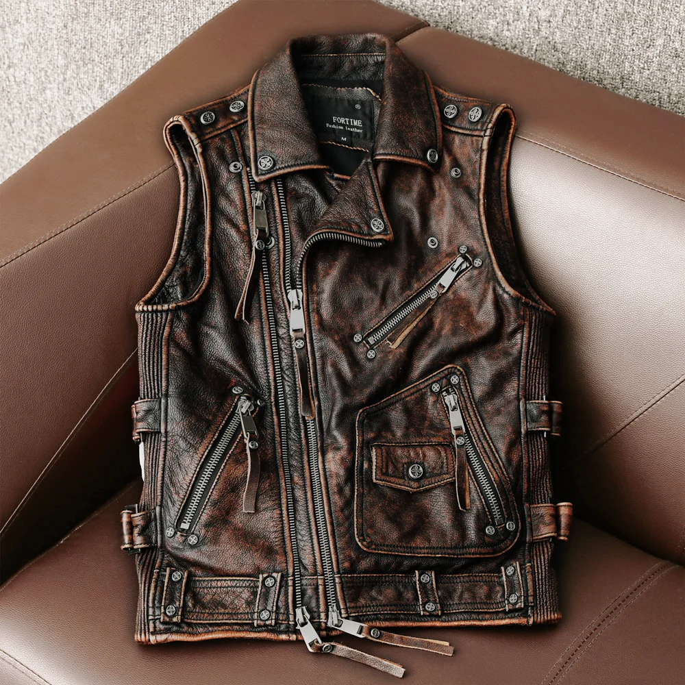 Super Quality Cool Rider Men Cow Leather Vest Zipper Pockets Genuine ...