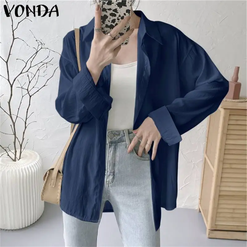 Autumn Women Casual Lapel Collar Button Up Shirts VONDA Women Solid Color Pleated Blouse Femme ...