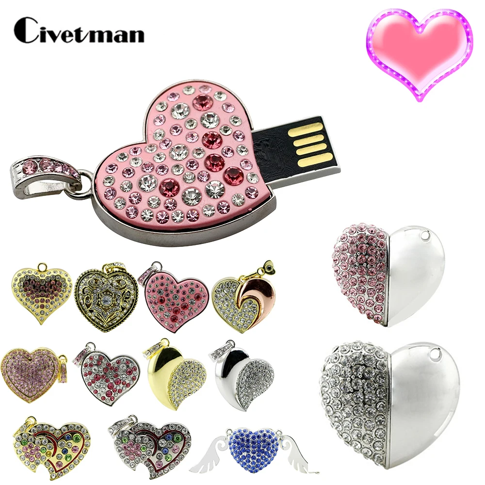 Lovely Crystal Heart Pendant Usb Flash Drives 256gb Thumb Pendrive ...