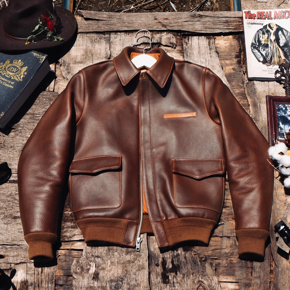 Blockbuster 1.8mm strengthen the tanned leather A2 bomber jackets men ...
