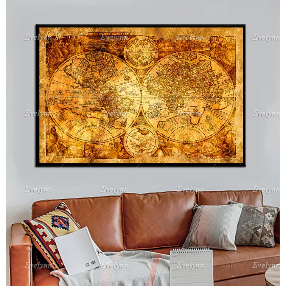 Old World Map Canvas,vintage Map Oil Painting Posters And Prints On ...
