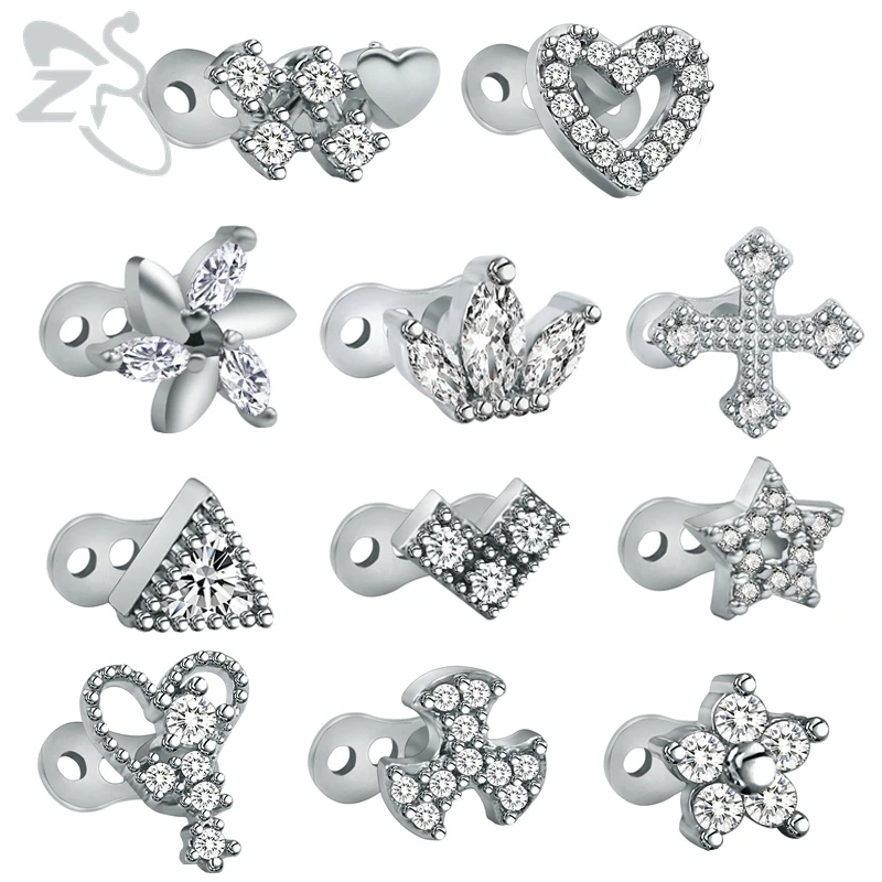 ZS 2Pcs/lot Crystal Heart Crown Dermal Cross Anchor Skin Diver Piercing ...