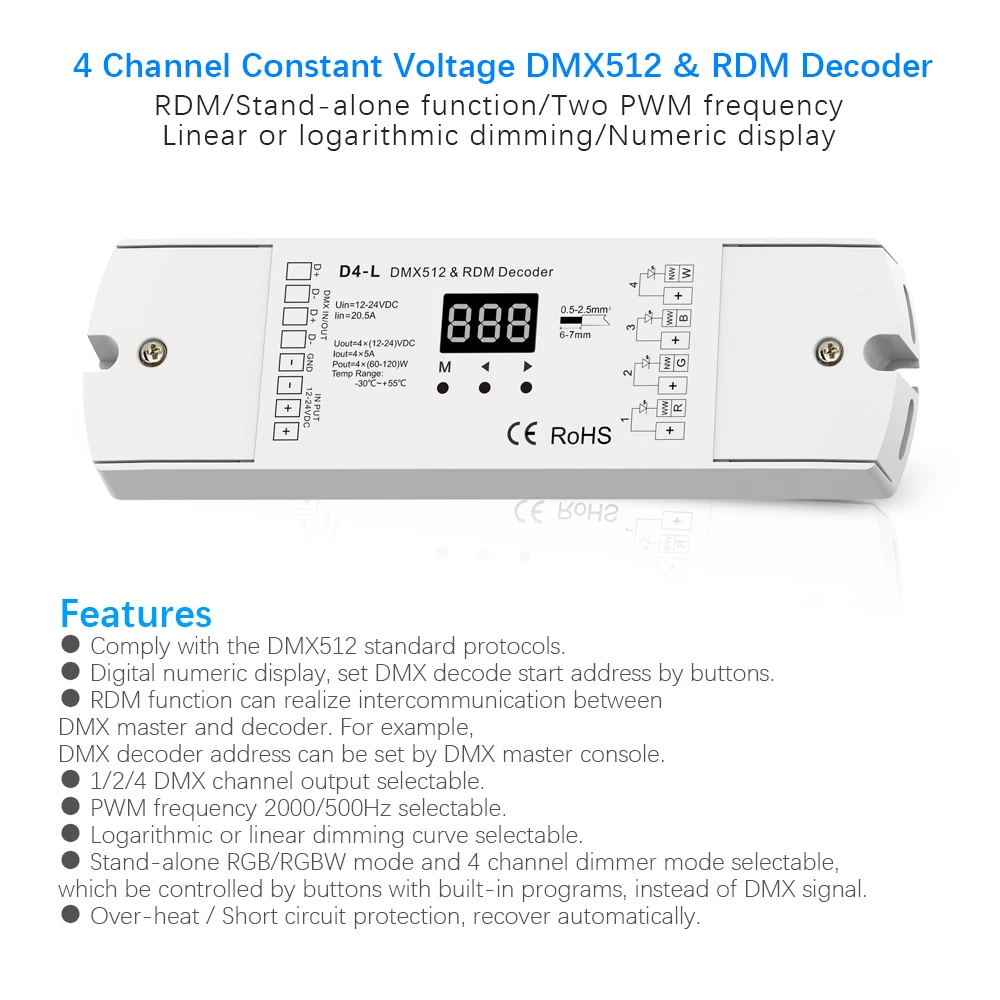 단일 색상 CT RGB RGBW LED 스트립 컨트롤러 드라이버 D4 L, DMX512 디코더, 4CH 5A PWM CV RDM DMX 512 디코더, 12V 24V DC ...