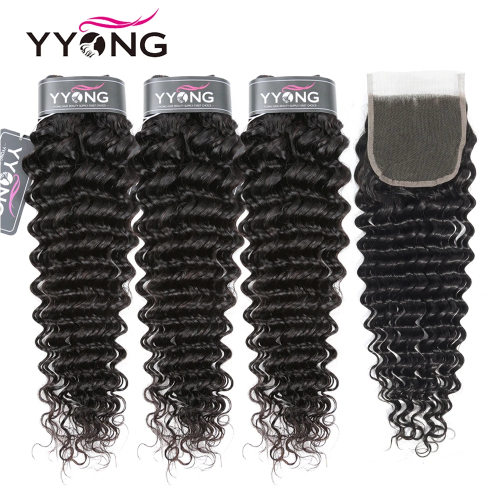 Yyong Deep Wave Bundles With Closure Human Hair Deep Curly Closures ...