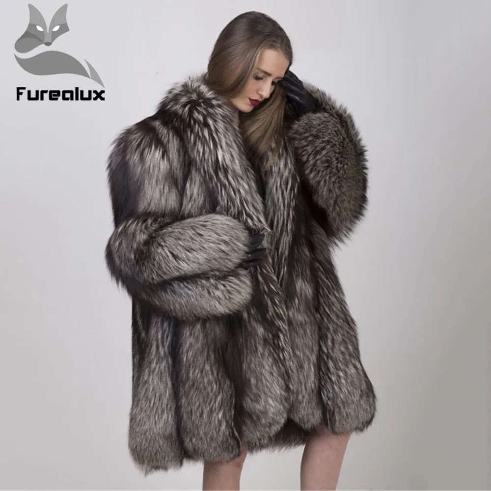 Furealux Winter Real Silver Fox Fur Coat With Fox Fur Collar Luxury ...