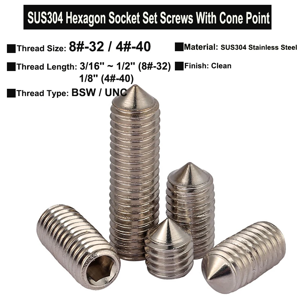 5pcs 4#-40 / 8#-32 Unc Bsw Sus304 Stainless Steel Hexagon Socket Set ...