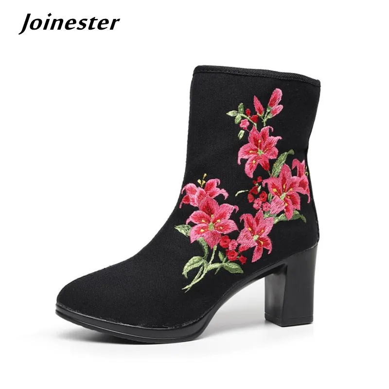 Retro-Women-Floral-Embroidered-Ankle-Boots-Cotton-Fabric-Side-Zip-Short ...