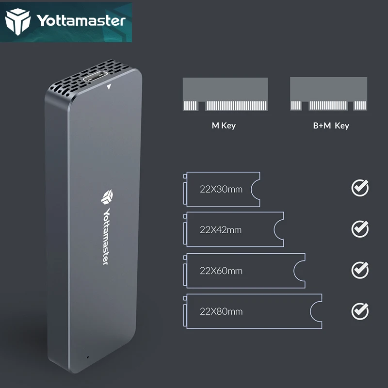 Yottamaster 알루미늄 외장 SSD, NVM2 M2 M2 PCI E SDD 케이스, 2TB, C타입 USB 3.1 ...