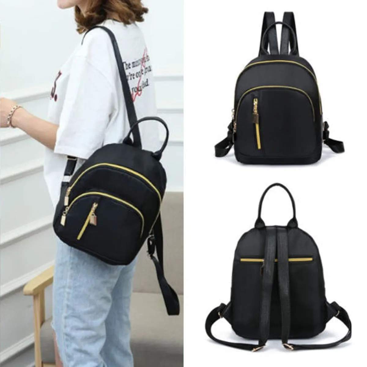 New Women Girls Hot Fashion Black Nylon Mini Backpack Travel School ...