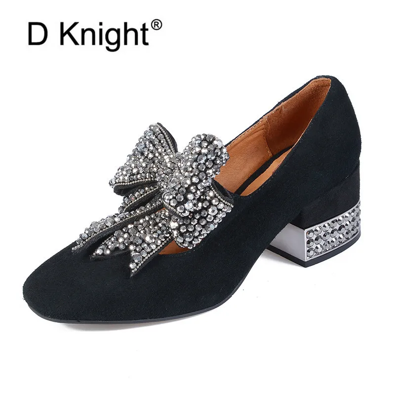 2020-Spring-New-Women-Pumps-Shoes-Black-Suede-Rhinestone-Bow-Ladies ...