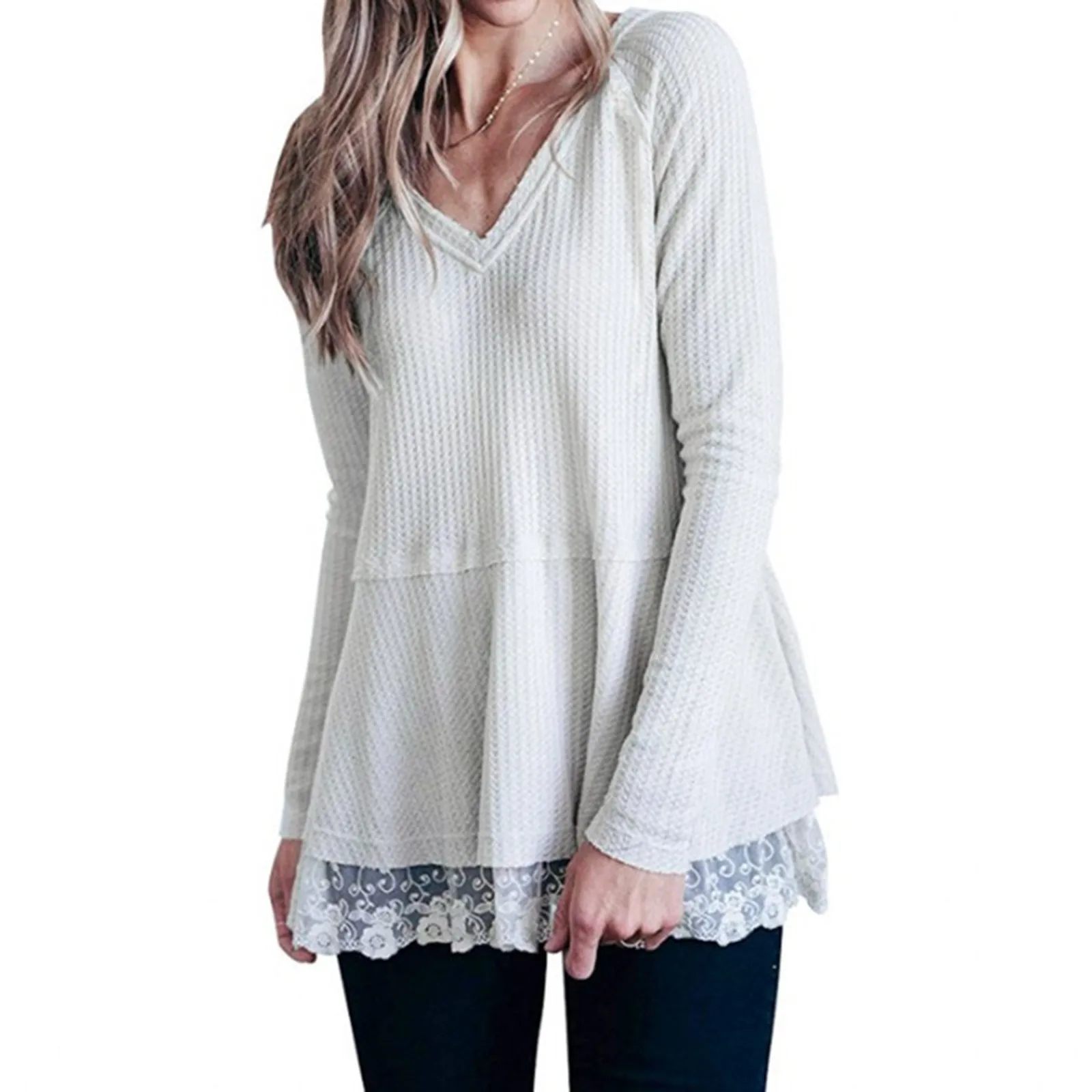 Solid Color Tops For Women Casual O neck T shirts Autumn Loose Ruffles ...