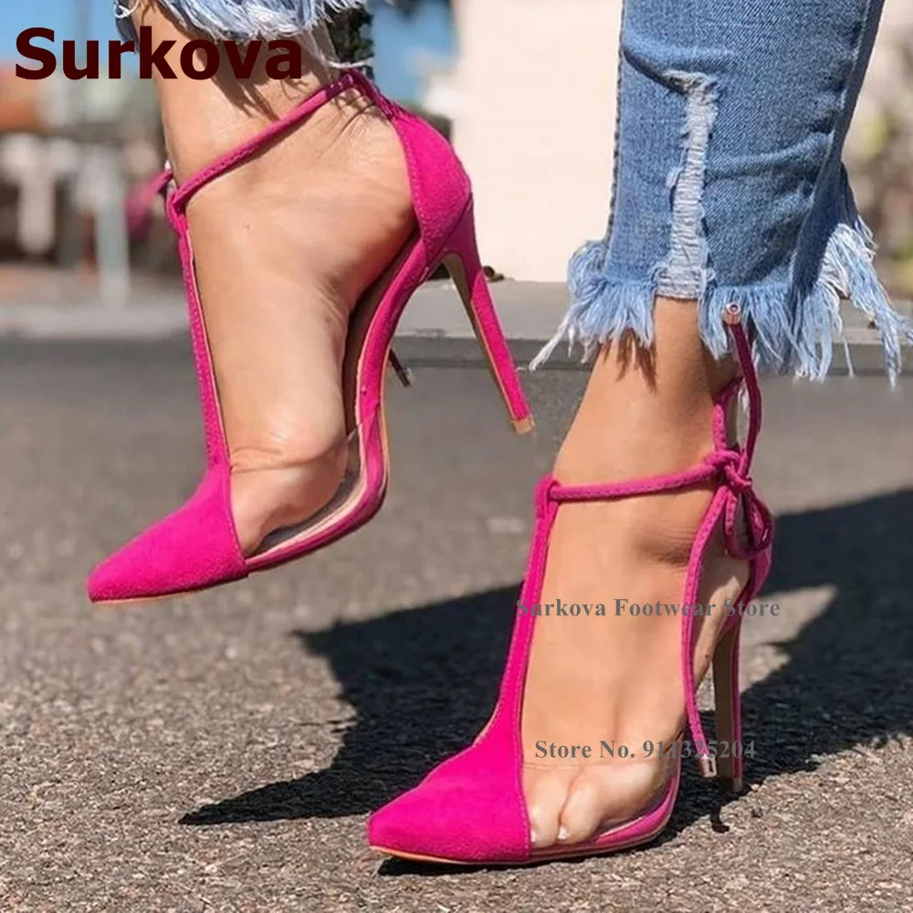 Surkova Ladies Hot Pink Suede T-strap High Heel Shoes Clear Pvc ...
