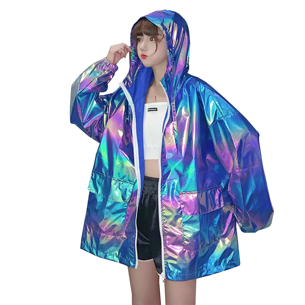 Jaqueta com capuz holográfica feminina, cor laser, manga longa, grande, high street, casaco fino ...