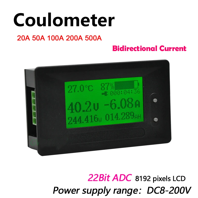 DC 200V 0-500A Coulometer meter Battery Monitor Voltage Current Power ...