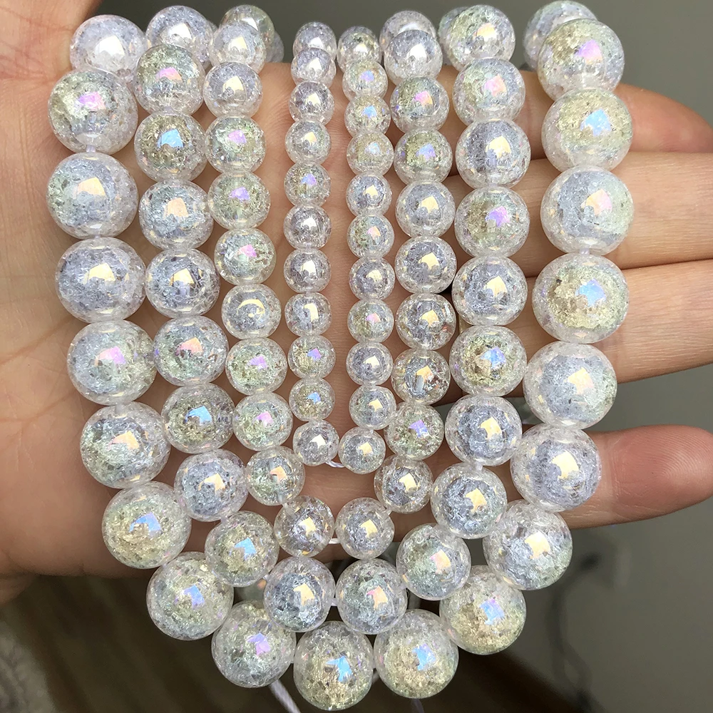Natural Stone Rainbow AB White Snow Cracked Quartz Crystal Beads For ...