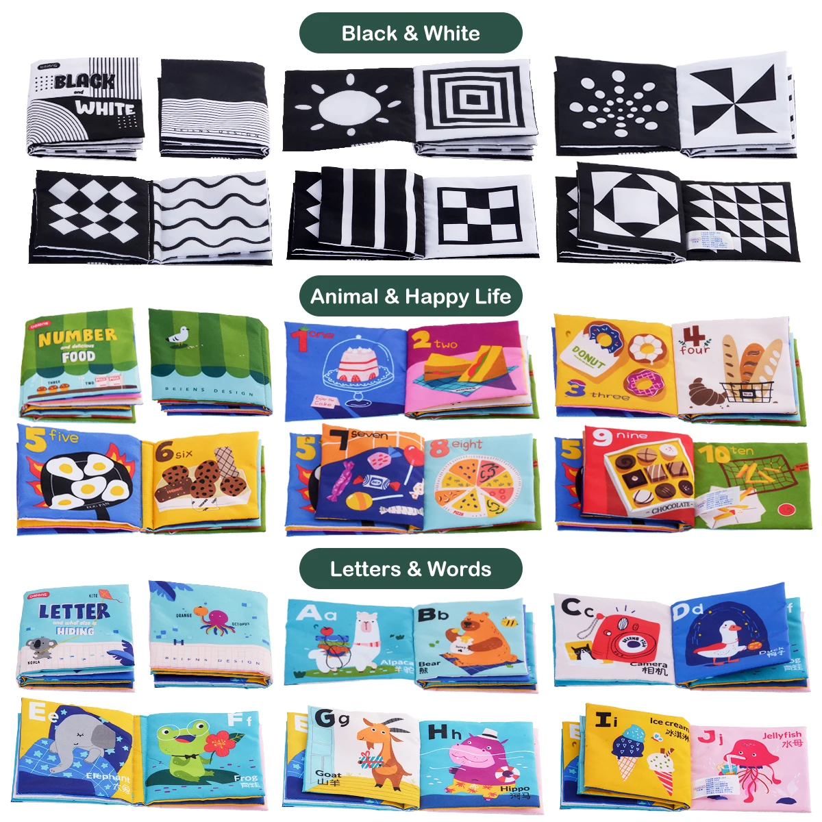 Beiens Baby Books 6PCS 3 18 Months Black White Cloth Book for Early ...
