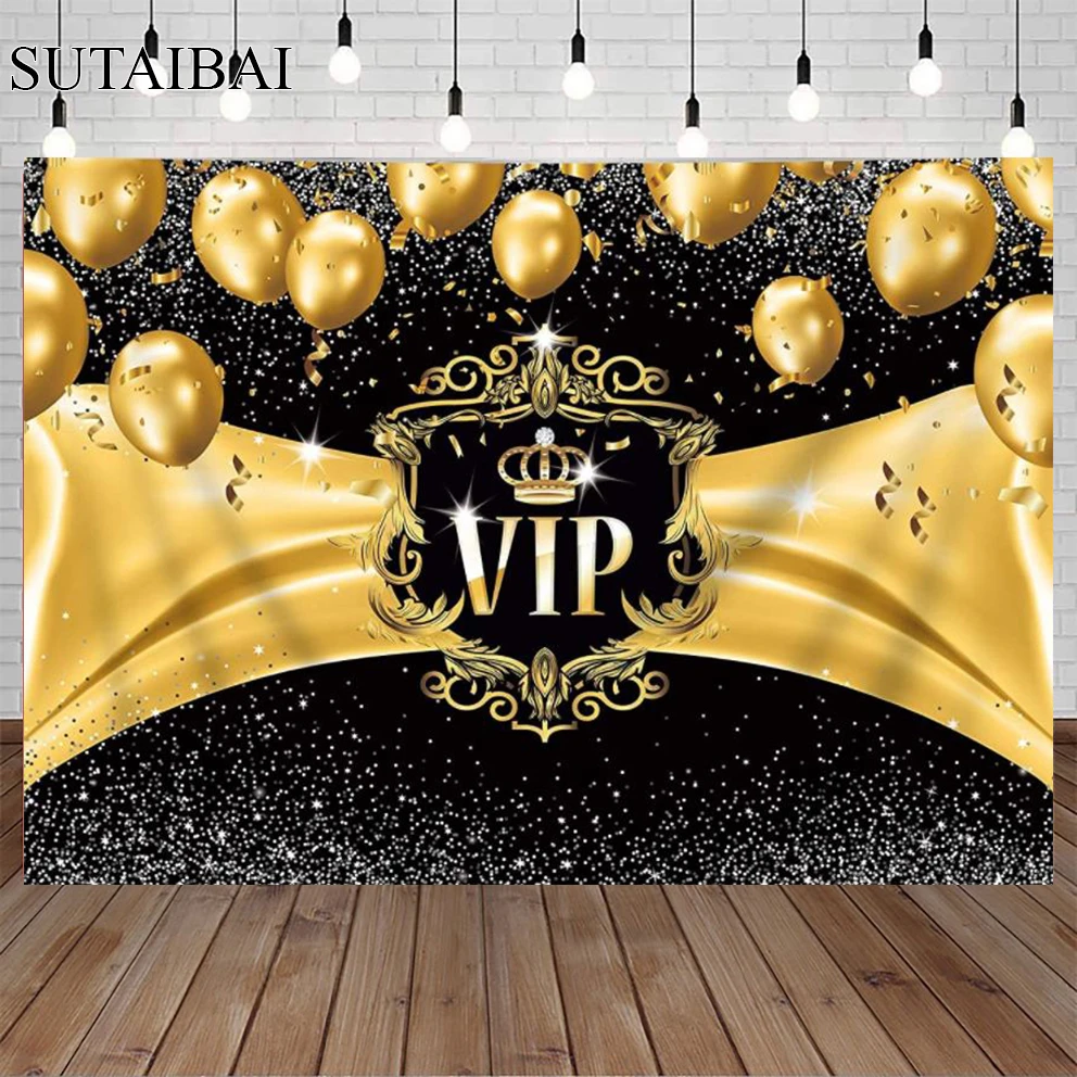 Vip Party Backdrop 7wx5h Ft Black Gold Ballons Shiny Birthday Party ...