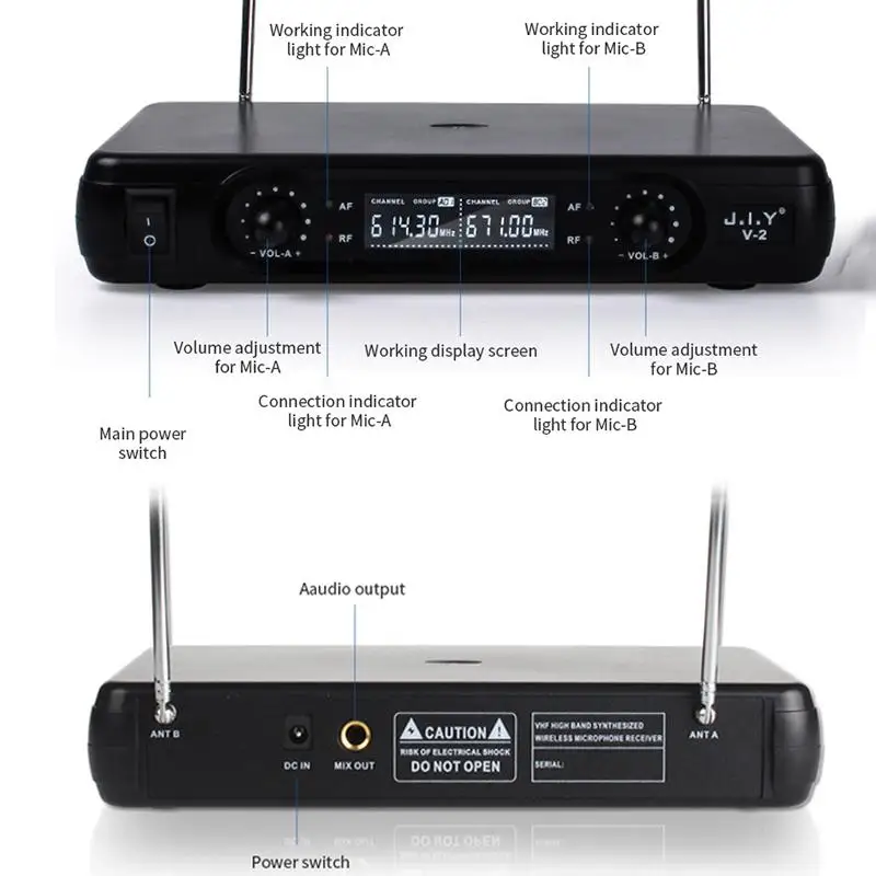 2CH Dynamic Wireless Microphone Long Range Dual Handheld Transmitter ...
