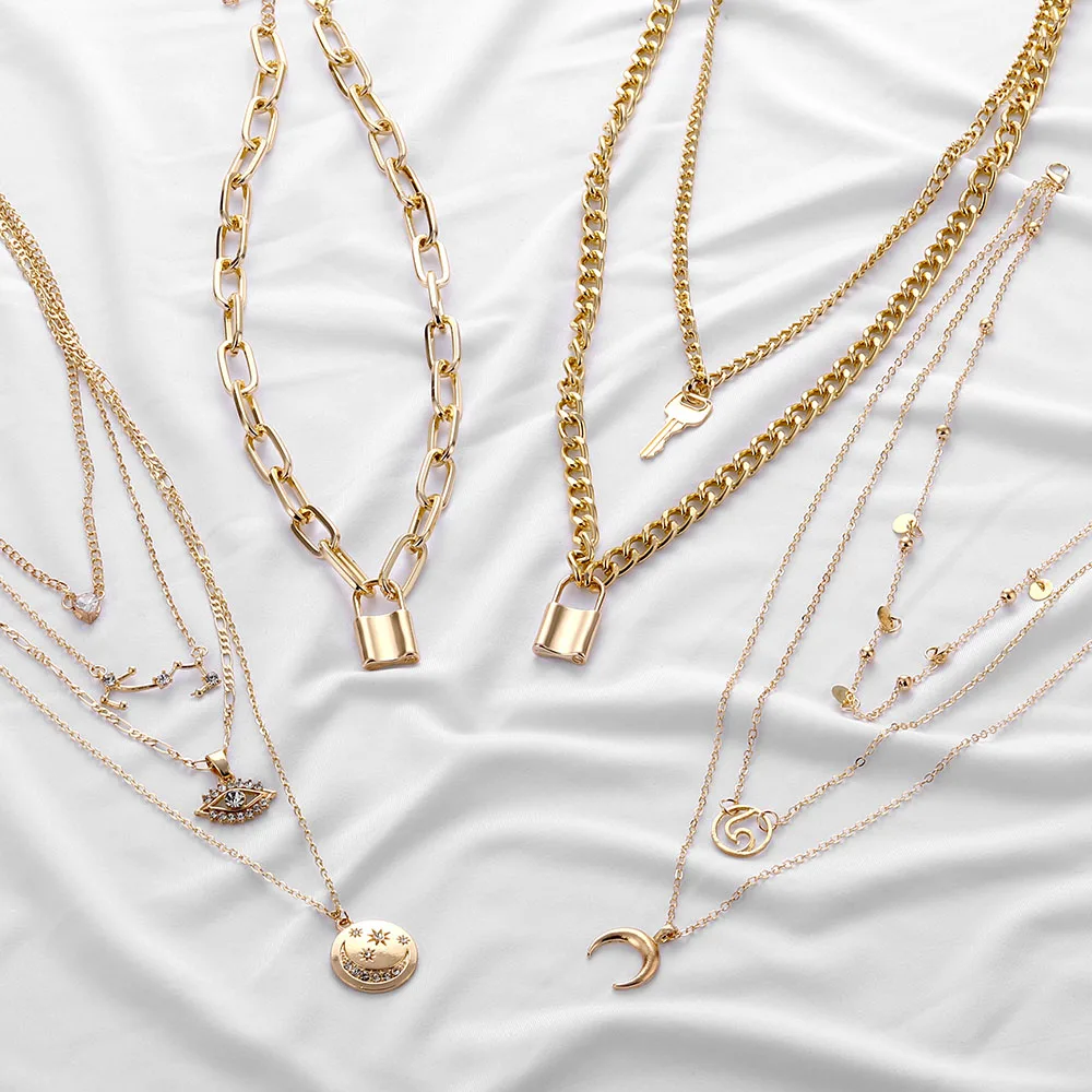 Rock Choker Lock Necklace Layered Chain On The Neck With Lock Punk ...