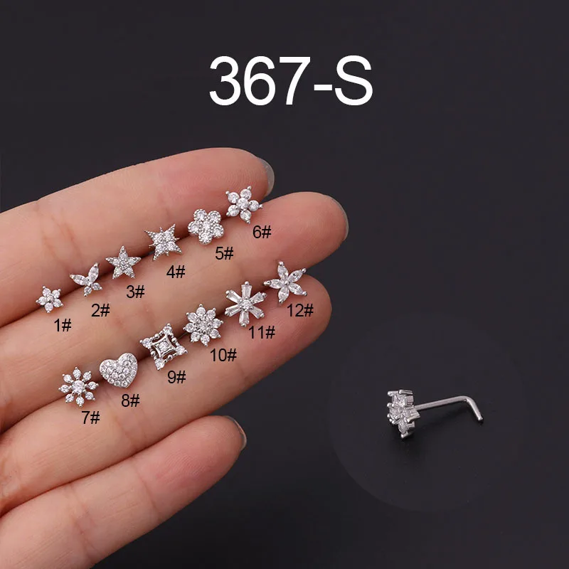 New 1PC Fashion L Shaped Nose Studs Stainless Steel Flower Cubic Zirconia 20G Nostril Bone Screw Indian Nose Ring Piercing AliExpress 36