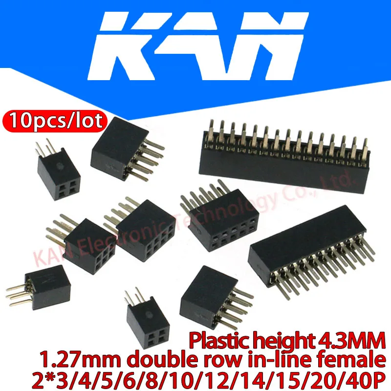 10PCS 2X2P/4P/6P/8P/10P/16P/20P/40P PIN Double row Straight FEMALE PIN HEADER 1.27MM PITCH Strip ...
