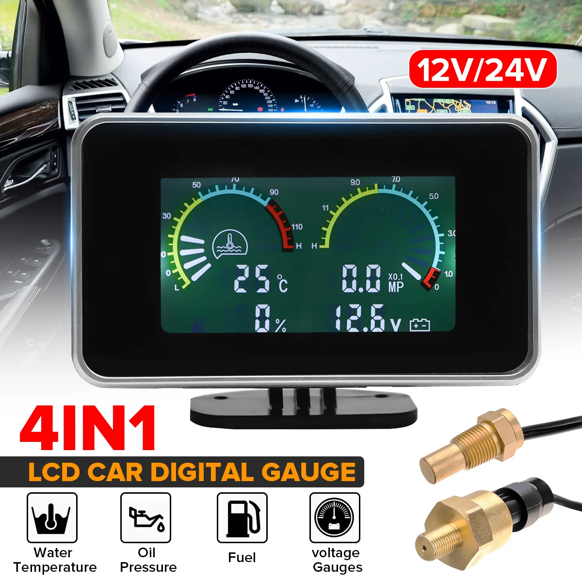 Medidor Digital LCD 4 en 1 para coche, medidor de temperatura de agua y combustible de presión ...