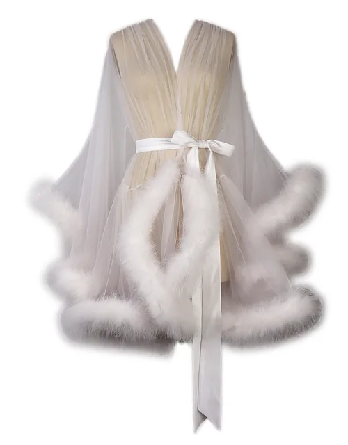 Short Marabou Women Feather Robe Boudoir Sheer Tulle Illusion Birthday ...