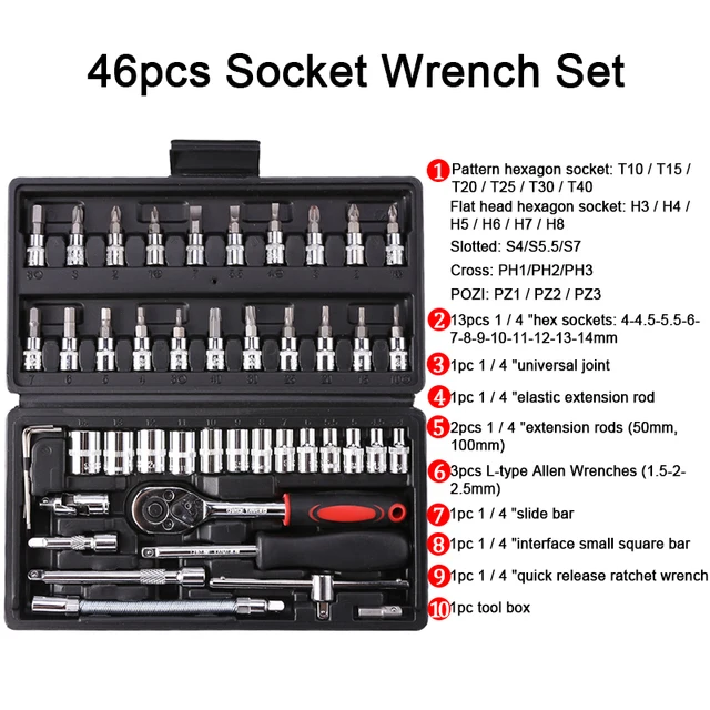 46pcs Aluminum Trolley Case Tool Kit Wrenches Spanners Hex Socket ...